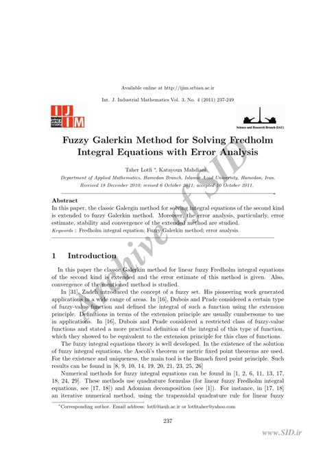Pdf Fuzzy Galerkin Method For Solving Fredholm Integral Equations With Error Analysis
