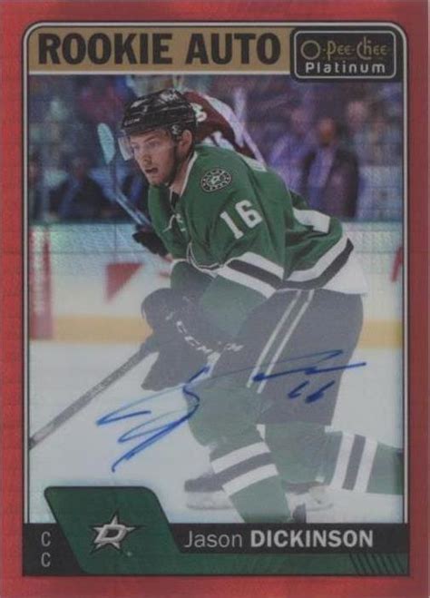 2016 17 O Pee Chee Platinum Rookie Autographs Jason Dickinson R Jd Red Prism 50 Au Rc For