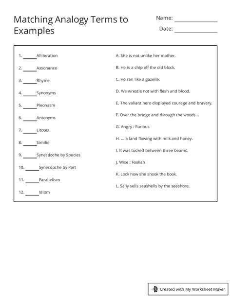 Matching Analogy Terms To Examples My Worksheet Maker Create Your