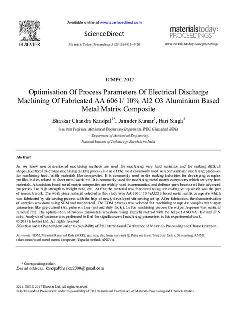 Pdf Optimisation Of Process Parameters Of Electrical Discharge Machining Of Fabricated Aa 6061