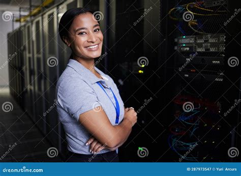 server room portrait or woman engineer for online cybersecurity glitch
