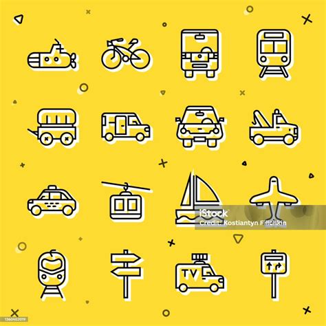 세트 라인 도로 교통 표지판 비행기 견인 트럭 버스 미니 버스 와일드 웨스트 덮여 마차 잠수함 및 자동차 아이콘 벡터 개척시대의 서부에 대한 스톡 벡터 아트 및 기타 이미지