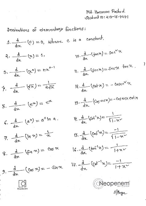 Derivatives Of Elementary Functions Descrite Math Diu Studocu