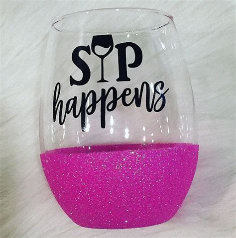 Sip Happens Wine Glass Stemless Wine Glass Giltter Dipped Wine