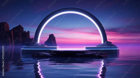 Sci Fi Abstract Arch Frame And Empty Podium Glowing Neon Glassmorphism