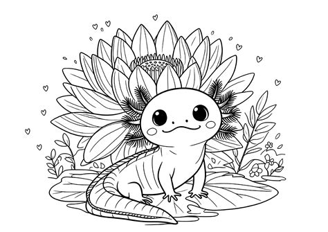 Axoloti And Lotus Flower Axolotl Coloring Pages