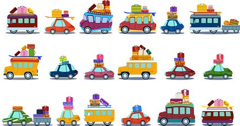 평면 벡터 화려한 자동차 버스 및 밴의 설정 사람들은 여름 휴가에 가거나 새로운 장소로 이동 지붕에 화물 수송 웹사이트 또는 포스터에 대 한 요소 벡터에 대한 스톡 벡터