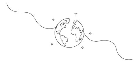우주 공간에서 지구 지구의 연속 선화 1 개 세계지도와 행성 기호는 간단한 선형 스타일입니다 편집 가능한 획의 여행 및 비행 개념 Doodle Contour Vector