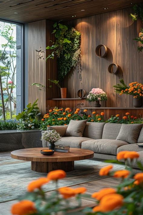 Modern Living Room Interior Design In A Wooden House Among Trees Ai