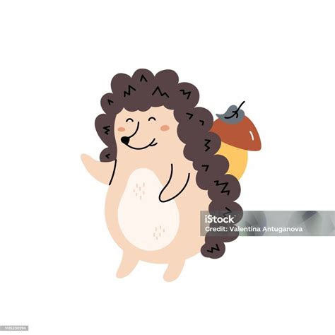 만화 아기 고슴도치 스탠드와 흔들리는 발 버섯과 잎이있는 귀여운 재미있는 고슴도치 흰색 배경에 격리 된 개체 스칸디나비아 가을 스타일 0명에 대한 스톡 벡터 아트 및 기타