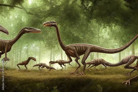 Naklejka Compsognathus Longipes In The Forest Group Of Dinosaurs From The Late Jurassic Period