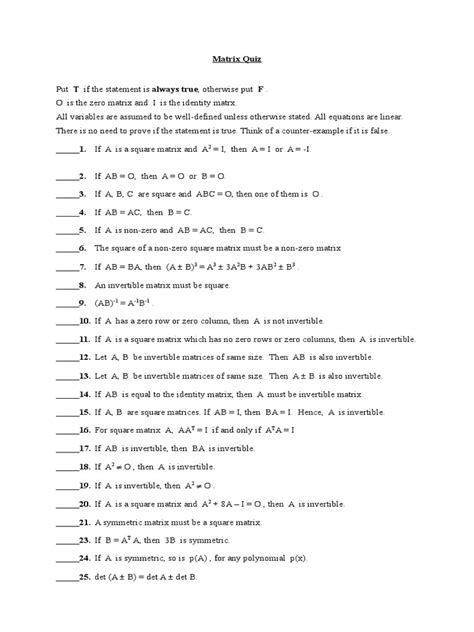 Matrix Quiz Pdf Matrix Mathematics Linear Algebra