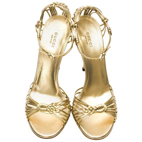Gucci New Current Runway Gold Leather Cut Out Bow Sandals Heels Pumps