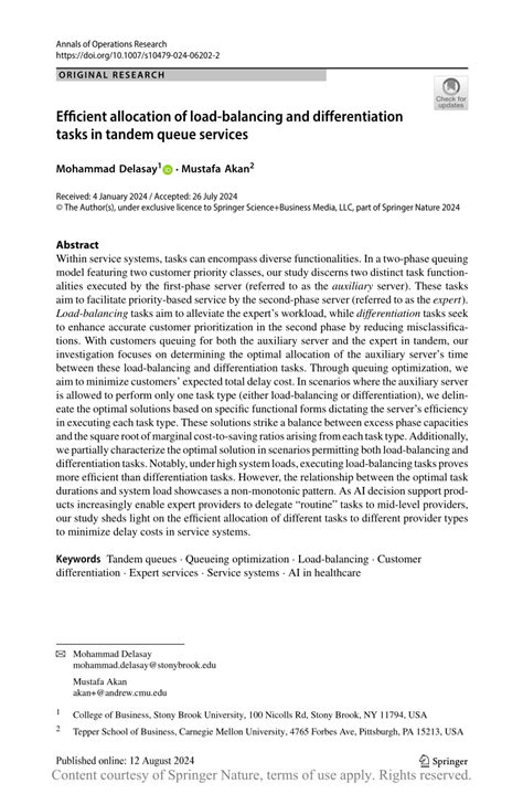 Efficient Allocation Of Load Balancing And Differentiation Tasks In Tandem Queue Services