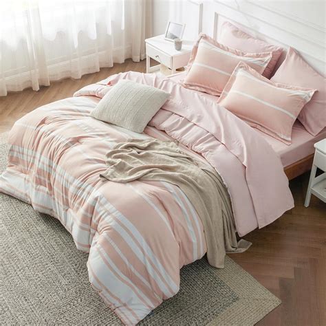 Bedsure Full Comforter Set 7 Pieces Light Pink Striped