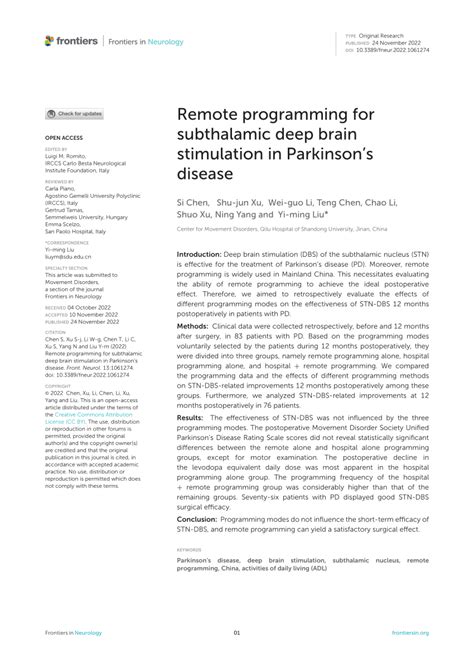 Pdf Remote Programming For Subthalamic Deep Brain Stimulation In Parkinsons Disease