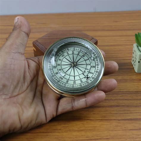 Spinning Dial Brass Compass Magnifying Dome Paperweight Desk Decor