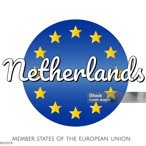 파란색 그라데이션 배경과 노란색과 금색 별과 회원국의 이름으로 비문 유럽 연합의 국기의 라운드 버튼 아이콘 Eu의 국가 네덜란드 국가 관광명소에 대한 스톡 벡터 아트 및