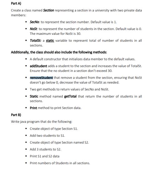 Solved Part A Create A Class Named Section Representing A Chegg Com
