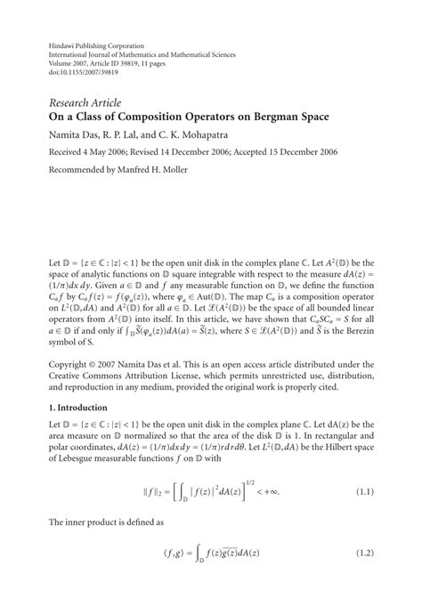 Pdf On A Class Of Composition Operators On Bergman Space