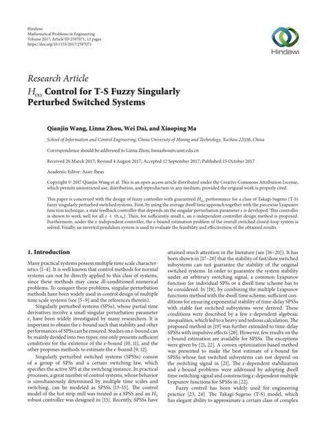 Pdf H ∞ Control For T S Fuzzy Singularly Perturbed Switched Systems