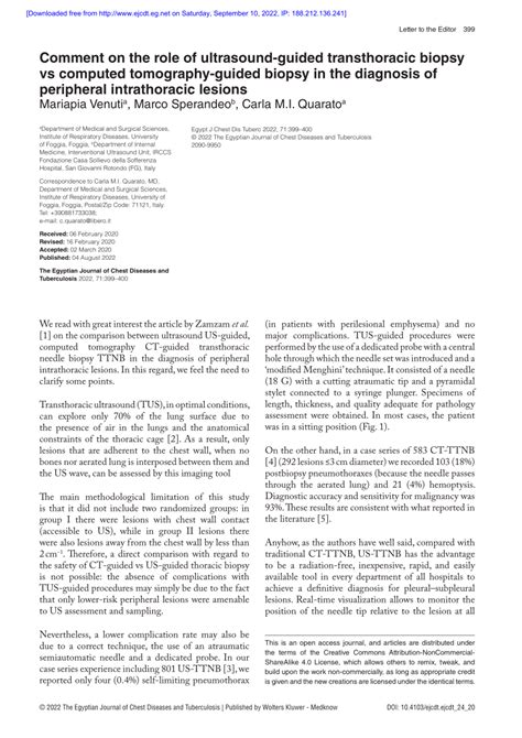 Pdf Comment On The Role Of Ultrasound Guided Transthoracic Biopsy Vs Computed Tomography