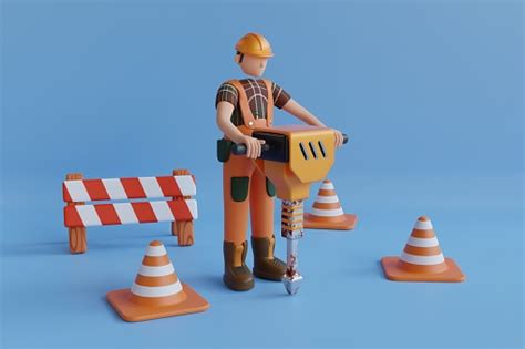 파워 착암기로 일하는 3d 도로 노동자 트래픽 콘의 3d 렌더링 휴대용 유압 차단기를 가진 건설 노동자 3d 그림 수리에 대한 스톡 사진 및 기타 이미지 Istock