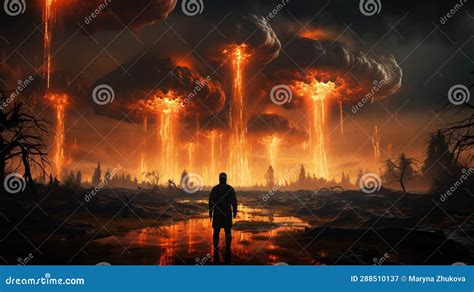 A Man Stands In A Chemical Protection Suit Against The Backdrop Of A Nuclear Explosion Day And