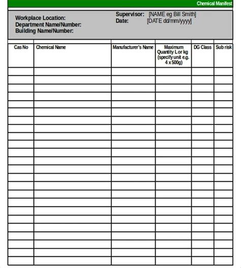 Osha Chemical Inventory List Template Printable At A Glance