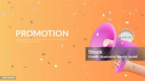 프로모션 배너 주황색 배경에 색종이가있는 3d 핑크 메가폰 벡터 일러스트 레이 션 컴퓨터 그래픽에 대한 스톡 벡터 아트 및 기타 이미지 컴퓨터 그래픽 함성 벡터