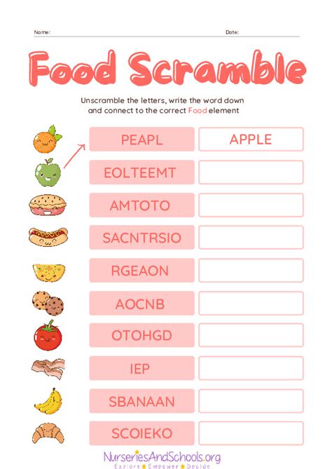 Food Word Scramble Printable Worksheets