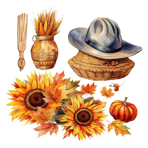 추수 감사절 요소 구운 칠면조 수채화 클립 아트 모자 견과류 해바라기 Png 일러스트 및 이미지 에 대한 무료 다운로드 Pngtree