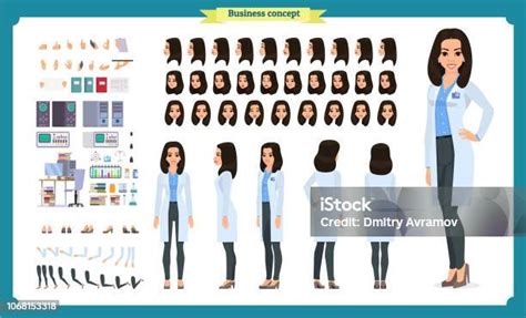 과학자 캐릭터 생성을 설정합니다 여자는 실험에서 과학 실험실에서 작동합니다 전체 길이 다른 보기 감정 몸짓 당신의 자신의 디자인을 구축 합니다 만화 평면 스타일