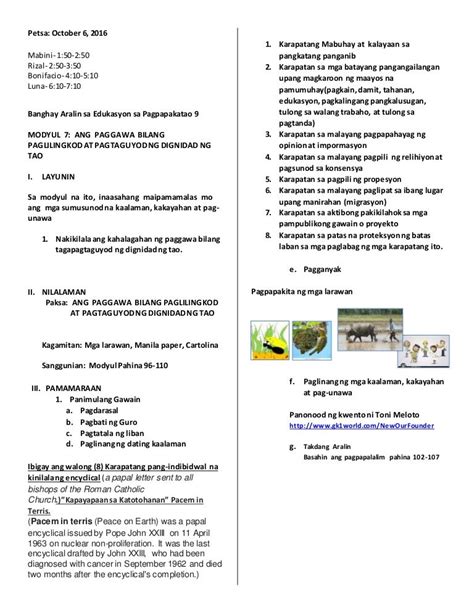 Banghay Aralin Sa Esp 9 Layunin Ng Lipunan Modyul 1