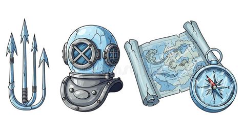 Cartoonish Diving Set Featuring Helmet Map Compass And Trident Stock