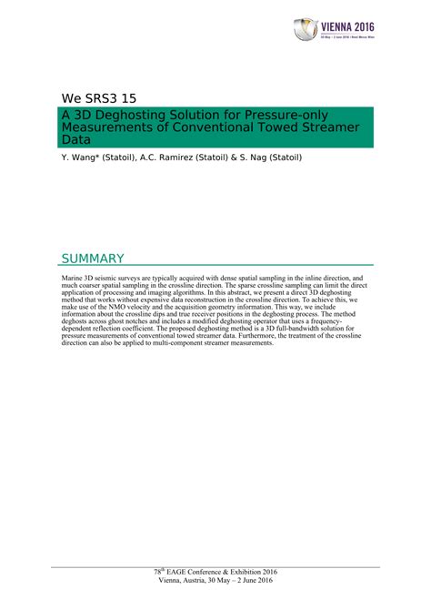Pdf A 3d Deghosting Solution For Pressure Only Measurements Of