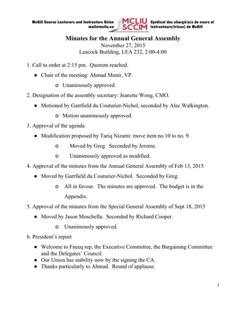 Minutes For The Annual General Assembly