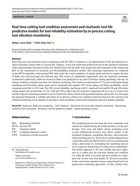 Real Time Cutting Tool Condition Assessment And Stochastic Tool Life Predictive Models For Tool