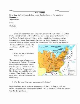 War Of 1812 Worksheet Unique War Of 1812 Reading And Questions