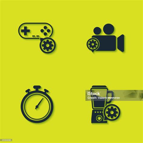 Set Gamepad Setting Blender With Bowl Stopwatch And Video Camera Icon Vector Stock Illustration