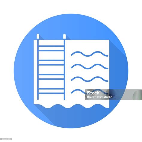 수영장 블루 플랫 디자인 긴 그림자 문합 아이콘입니다 물과 사다리 입욕 Auatic 시설 아파트 편의 시설 라운지 활동적인 레저를 위한 스포츠 존 벡터 실루엣 일러스트레이션