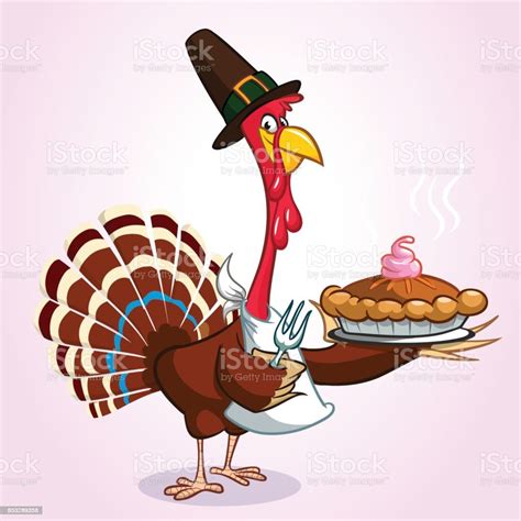 추수 감사절 만화 터키 포크와 고립 된 파이 들고입니다 재미 터키 모자 순례자의 벡터 일러스트 레이 션 Thanksgiving