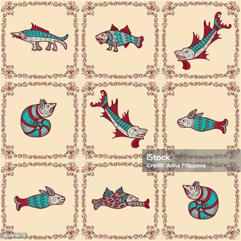 수생 짐승과 바다 괴물의 중세 짐승 스타일 패턴 Doodle 티 종이 직물 및 직물을 위한 고대 인쇄물 손으로 그린 벡터