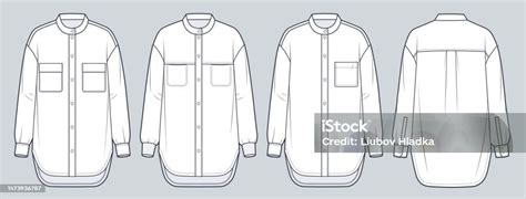 밴드 칼라 셔츠 기술 패션 일러스트 세트 클래식 버튼 업 셔츠 패션 플랫 기술 도면 템플릿 커프스 긴 소매 특대형 전면 및 후면보기 화이트 여성 남성 남녀 공용 Cad 모형