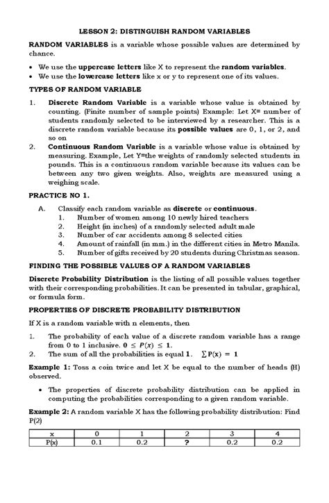 Lesson 2 Random Variables LESSON 2 DISTINGUISH RANDOM VARIABLES RANDOM VARIABLES Is A