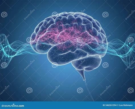Transparent Digital Brain With Pink Electric Waveforms On A Blue