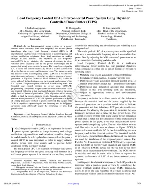 Pdf Load Frequency Control Of An Interconnected Power System Using Thyristor Controlled Phase