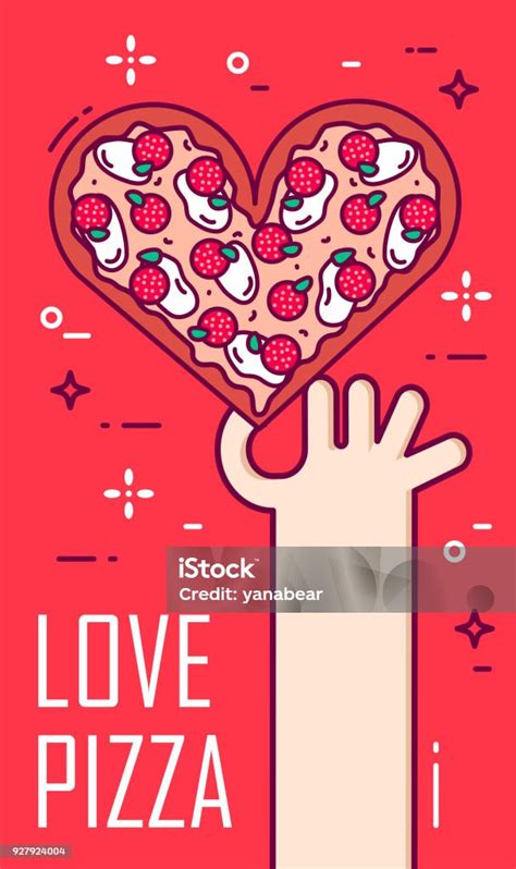 손에 빨간 배경에 심장의 모양에 피자를 보유 하고있다 패스트 푸드에 대 한 벡터 배너입니다 얇은 라인 플랫 디자인입니다 피자에 대한 스톡 벡터 아트 및 기타 이미지 Istock