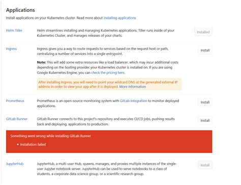 Failing To Install Gitlab Runner From Kubernetes Intergration Page