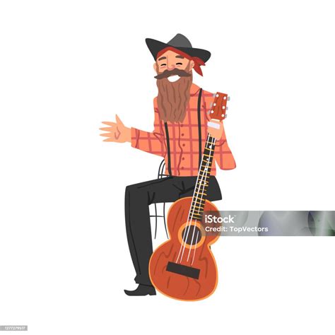 인터뷰 만화 스타일 벡터 일러스트를 주는 기타와 미소 뮤지션 캐릭터 공연에 대한 스톡 벡터 아트 및 기타 이미지 공연 기타 연주자 기타 현악기 Istock